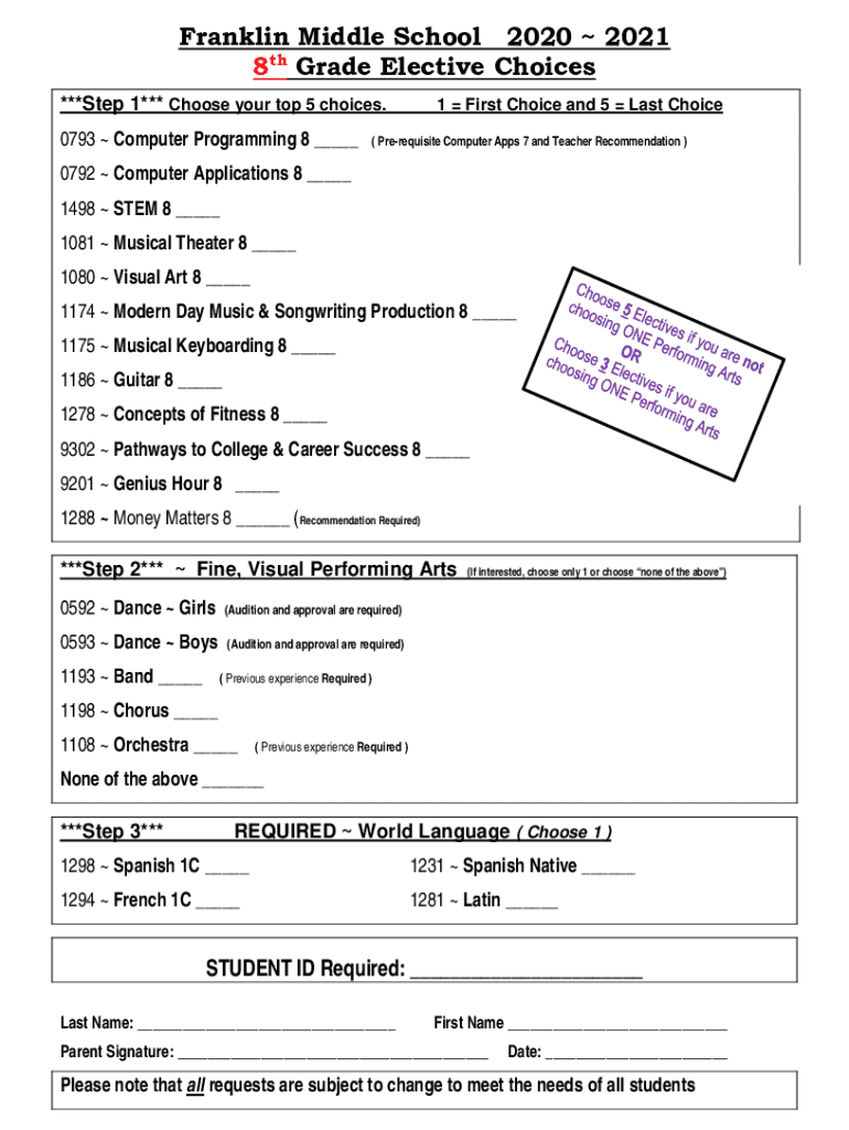 Fillable Online 8th Grade Elective Sheet 2020 - 2021 Fax Email Print ...