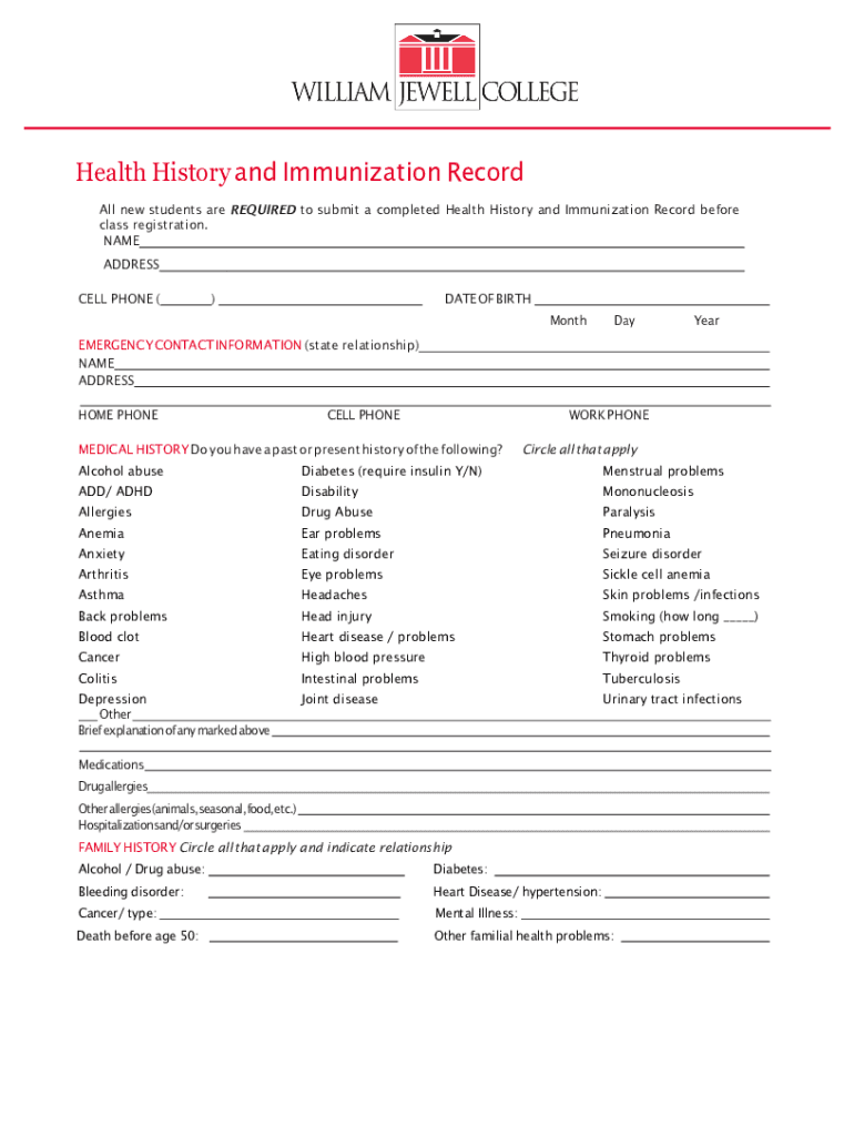 Fillable Online Health History and Immunization Form - William Jewell College Fax Email Print ...