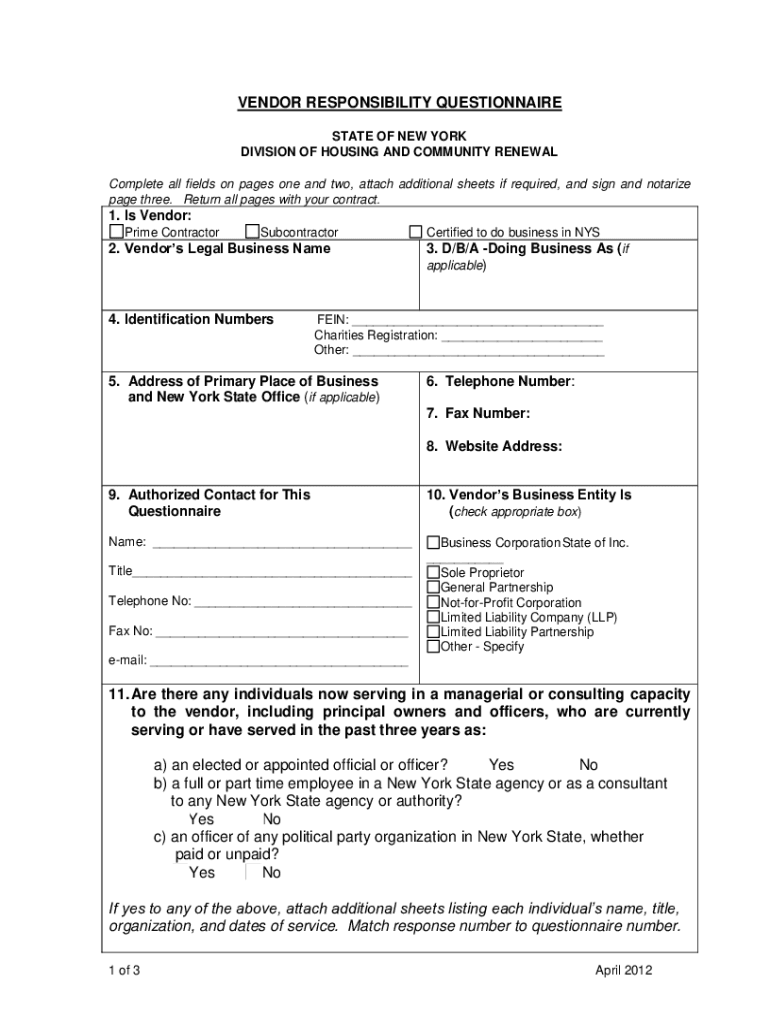 Fillable Online www.osc.state.ny.usvendor-responsibility-formsVendor ...