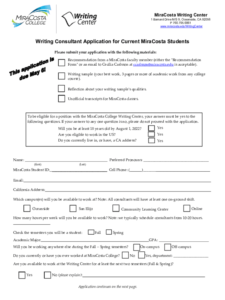 Fillable Online Writing Consultant Application for Current MiraCosta Students Fax Email Print ...