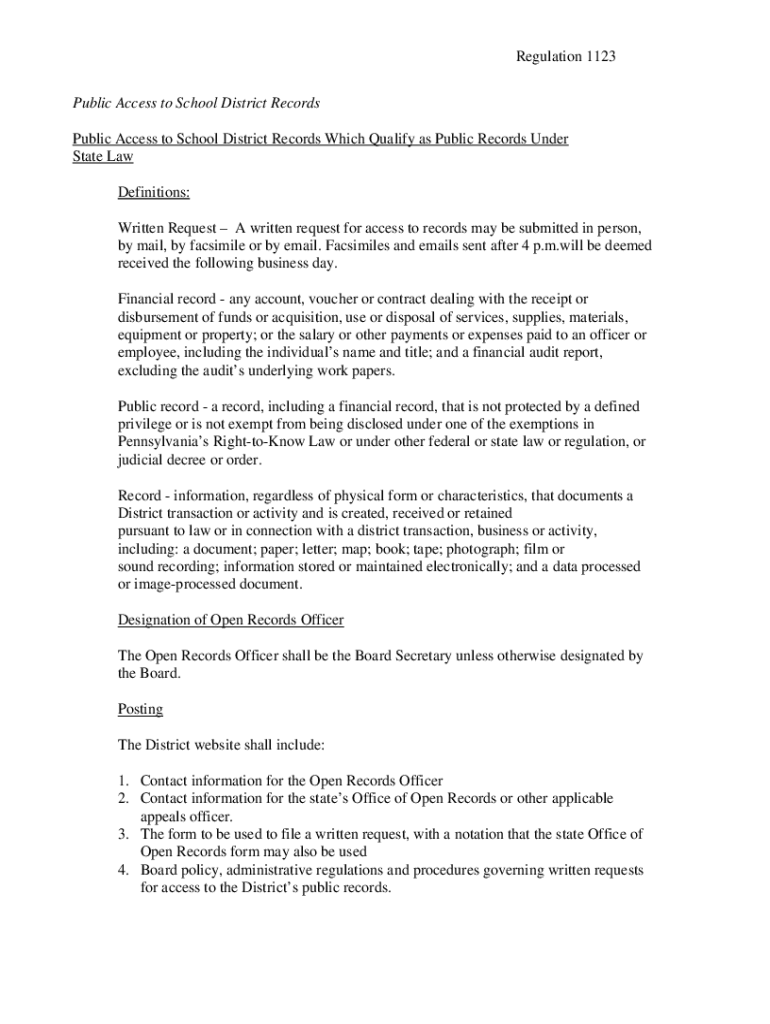 Fillable Online Regulation 1123 Public Access to School District ...