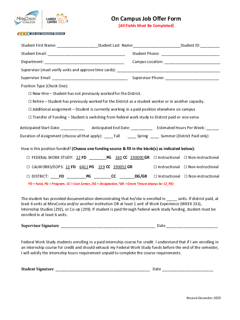 Fillable Online On Campus Job Offer Form Fax Email Print - pdfFiller