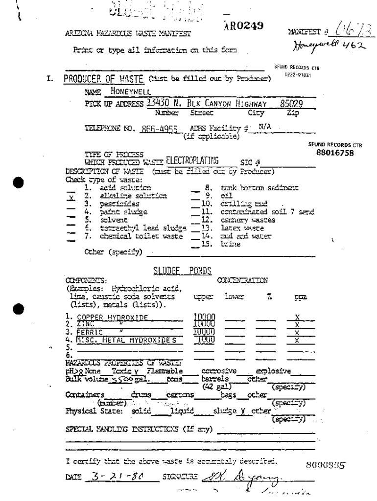 Fillable Online AZ hazardous waste manifest #0672 - 9674. Region ID Fax ...