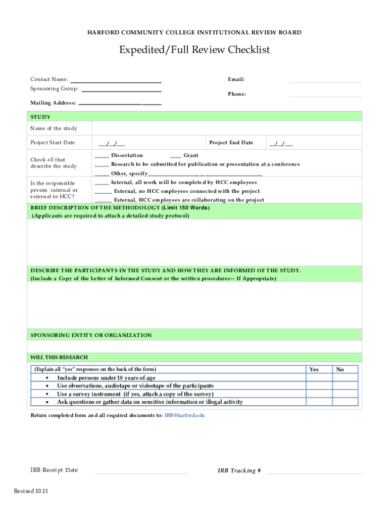 Fillable Online Expedited/Full Review Checklist - Harford Community ...