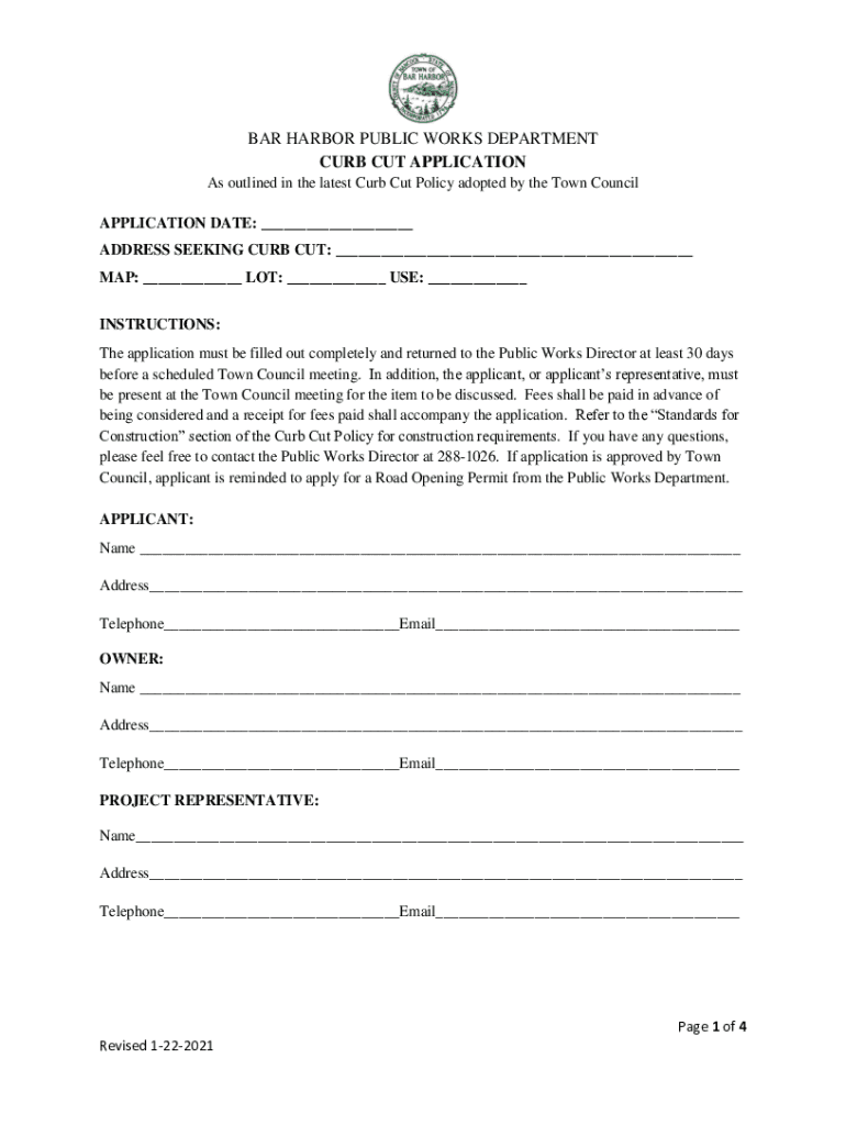 Fillable Online www.barharbormaine.govCurb-Cut-Application-FormBAR ...