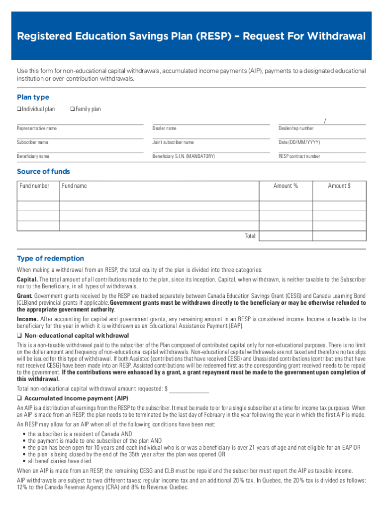 Fillable Online Registered Education Savings Plan (RESP)Request For ...