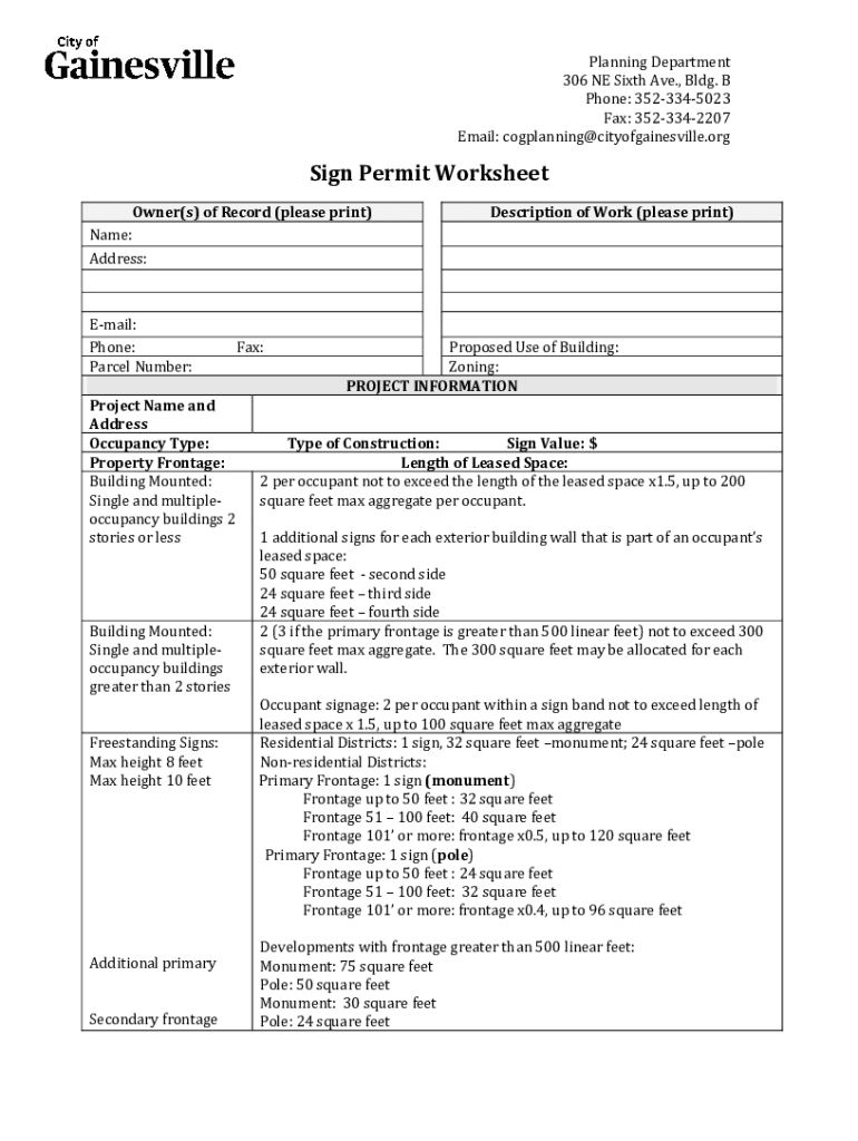 Fillable Online Sign Permit Worksheet - Gainesville, Fl Fax Email Print ...