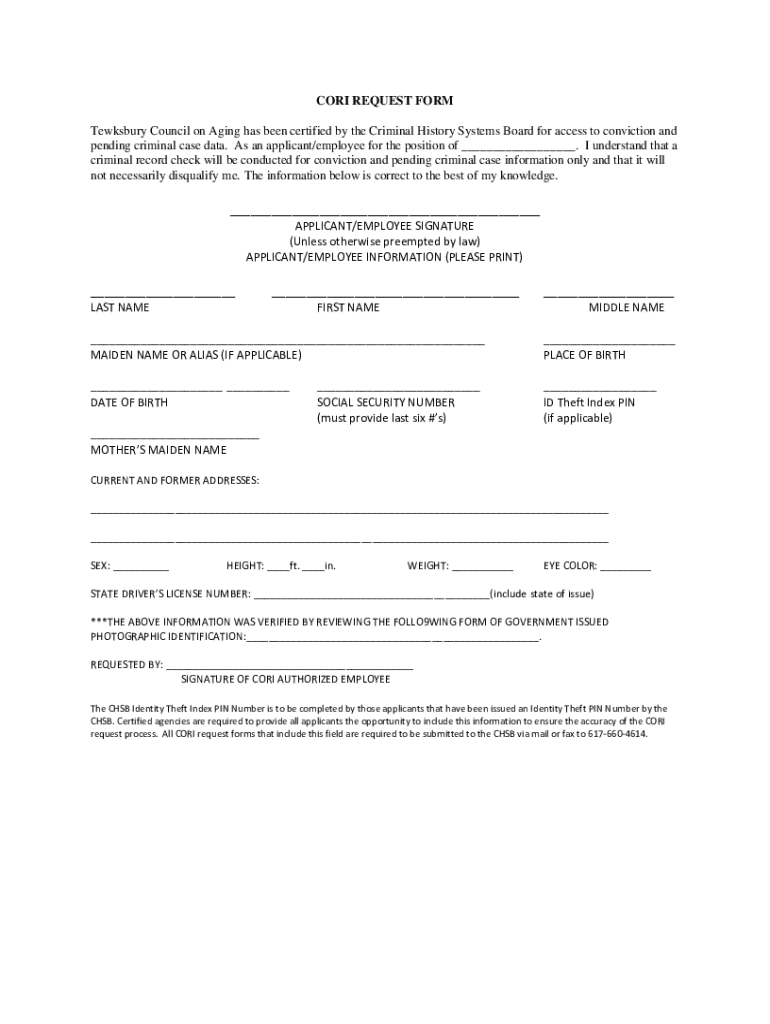 Fillable Online Request CORI As An IndividualMass.govRequest CORI As An ...