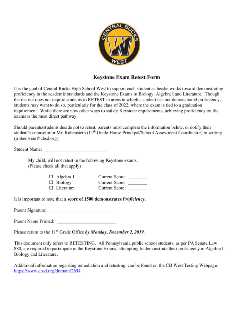 Fillable Online Keystone Exam Retest Form - Central Bucks School ...