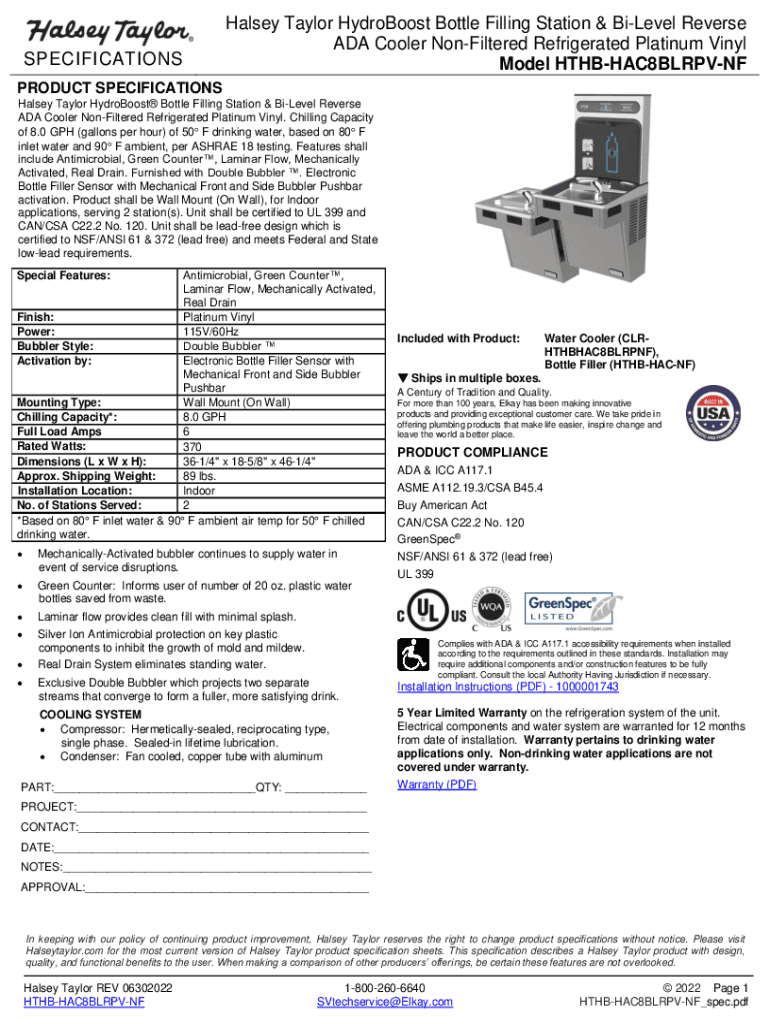 Fillable Online Halsey Taylor HydroBoost Bottle Filling Station & Bi-Level Integral OVL ... Fax ...