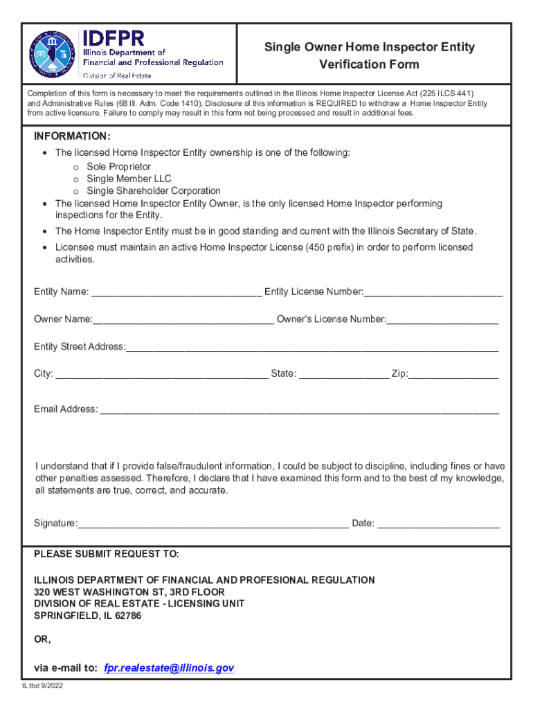 Fillable Online Single Owner Home Inspector Entity Verification Form ...