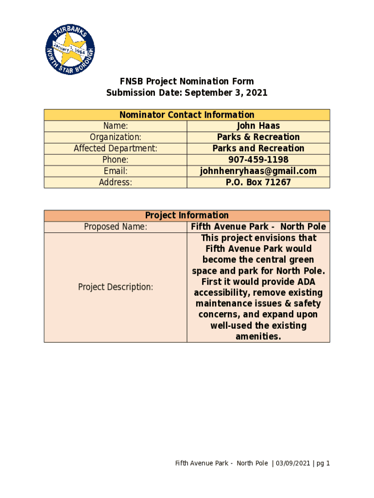 Fillable Online FNSB Project Nomination Form Submission Date: September ...