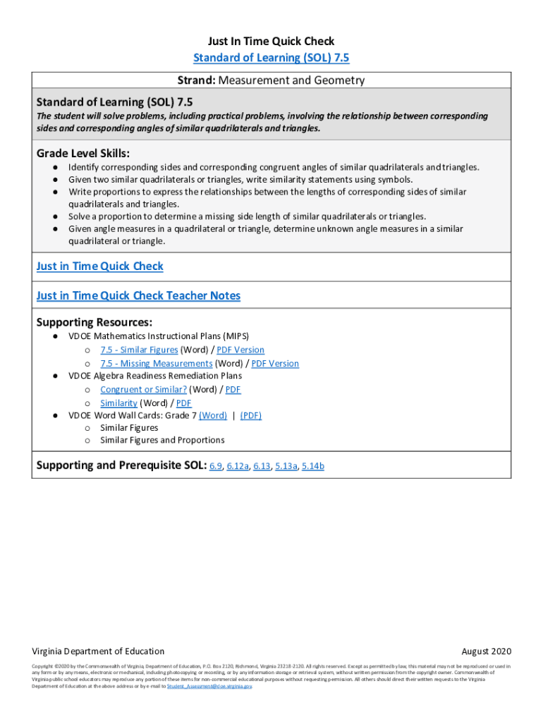 Fillable Online doe virginia Just In Time Quick Check Standard of ...