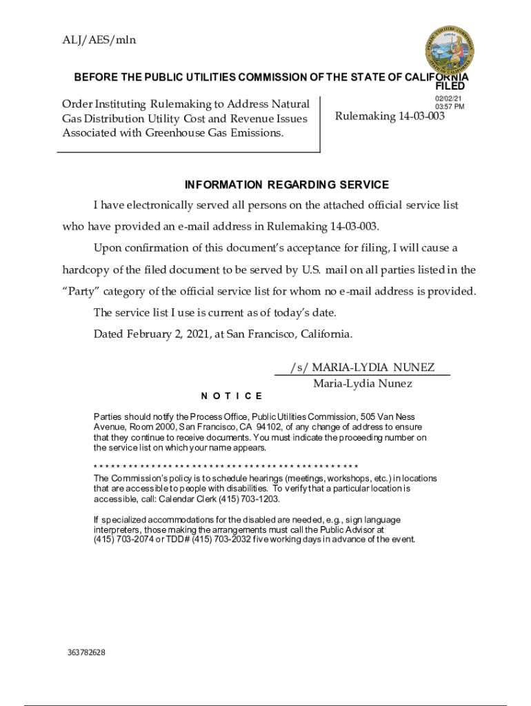 Fillable Online docs cpuc ca ALJ/AES/mln Order Instituting Rulemaking ...