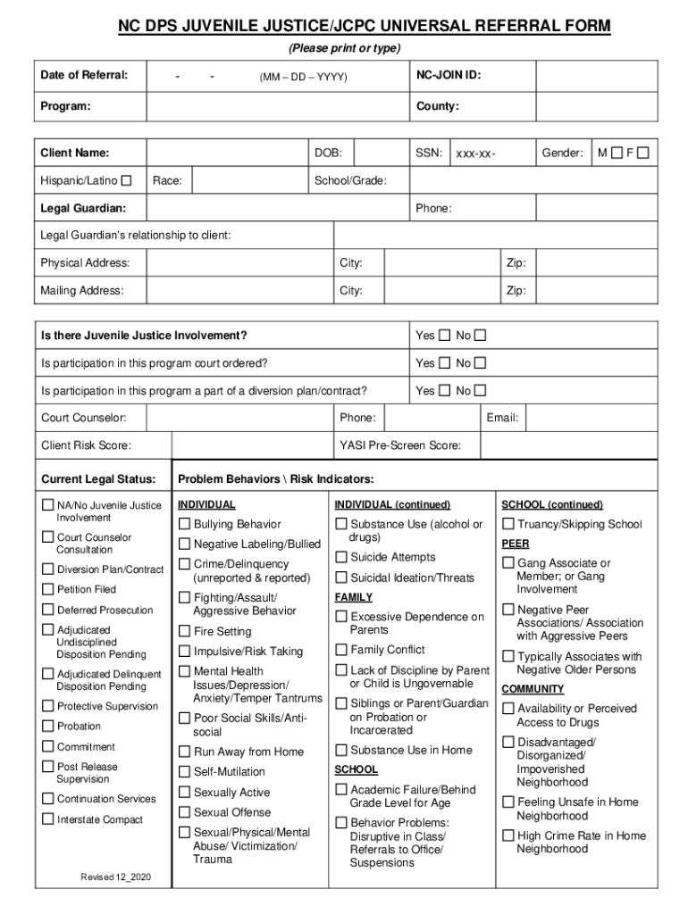 Fillable Online NC DPS JUVENILE JUSTICE/JCPC UNIVERSAL REFERRAL FORM ...