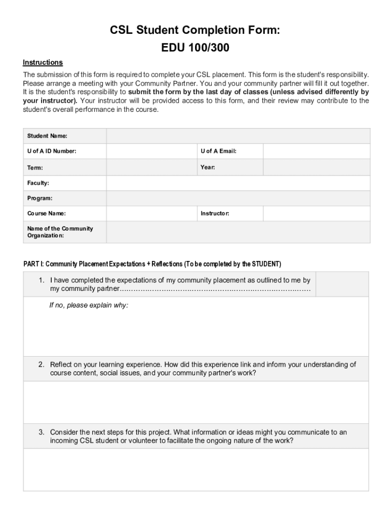 Fillable Online CSL Student Completion Form: EDU 100/300 - University of Alberta Fax Email Print ...
