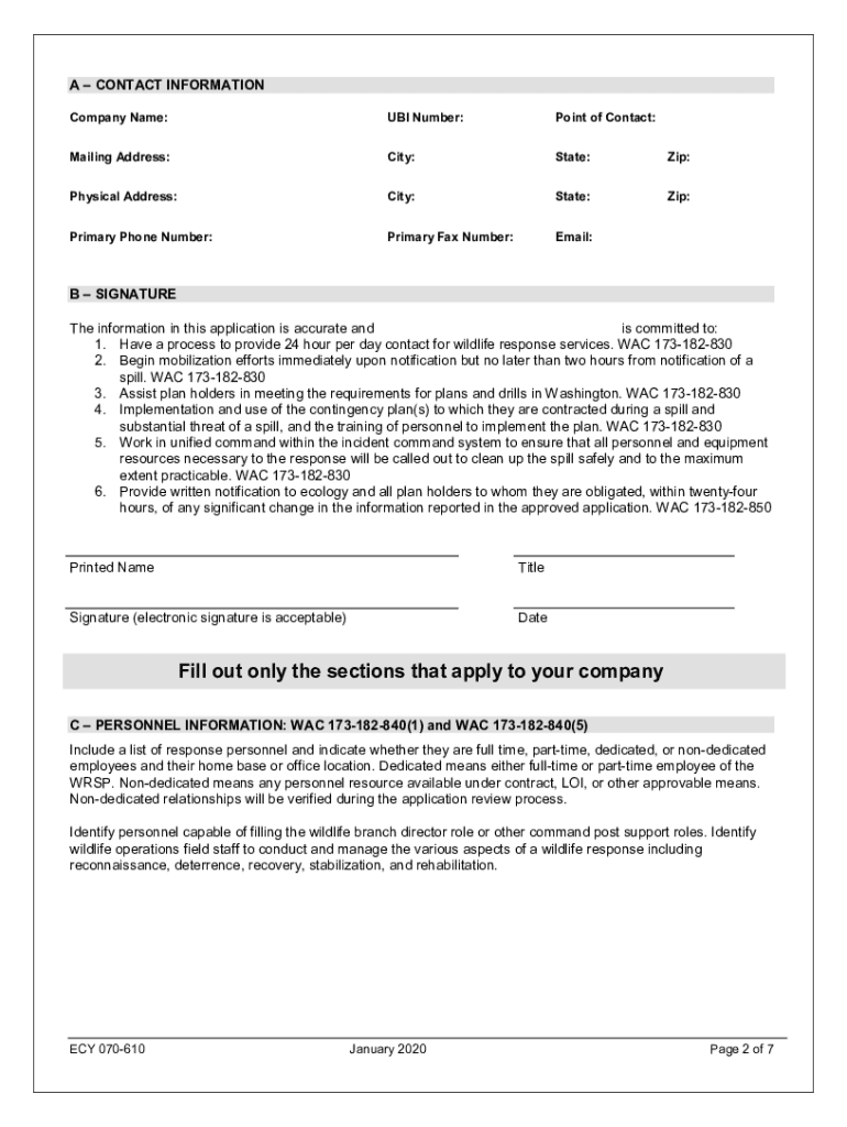 Fillable Online Wildlife Response Service Provider Application Form. Ecology form ECY 070-610 ...