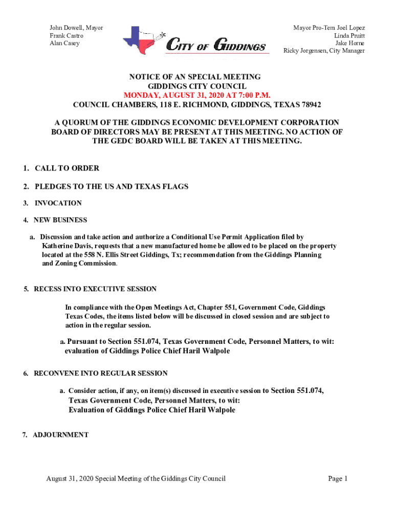 Fillable Online giddings.govoffice.comverticalsitesJohn Dowell, Mayor ...