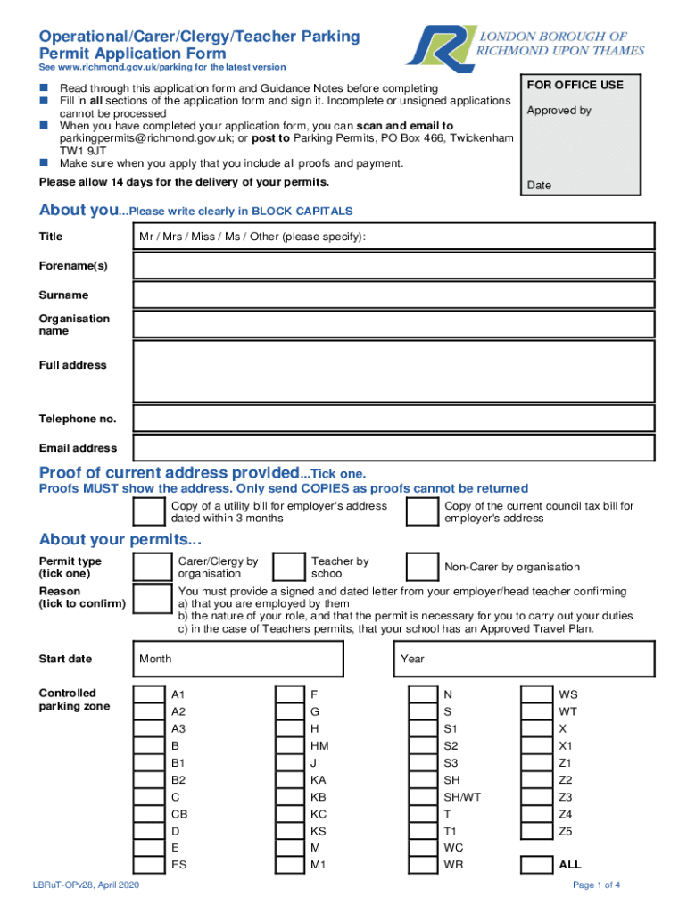 Fillable Online Operational parking permit application 2019 to 2020 Fax ...