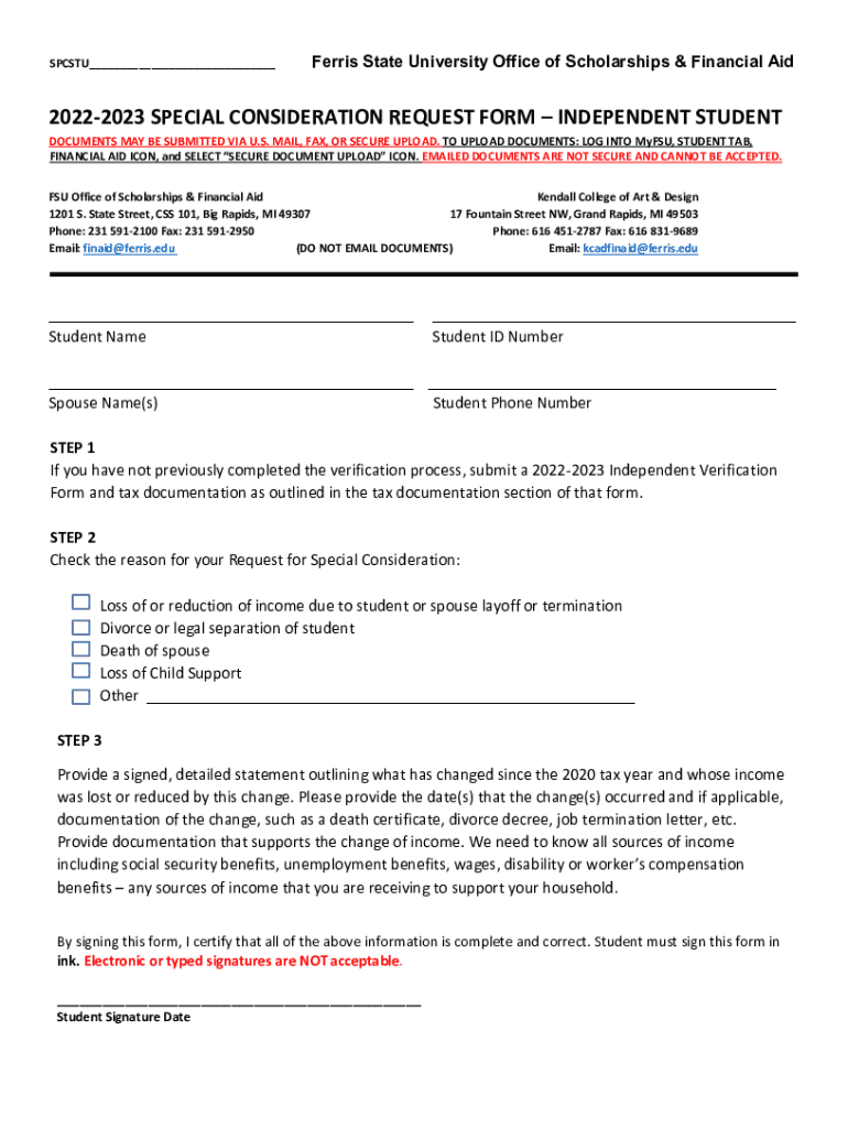 Fillable Online 2022-2023 SPECIAL CONSIDERATION REQUEST FORM - Ferris State University Fax Email ...