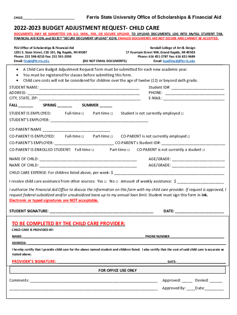 Fillable Online 2022-2023 BUDGET ADJUSTMENT REQUEST- CHILD CARE Fax ...