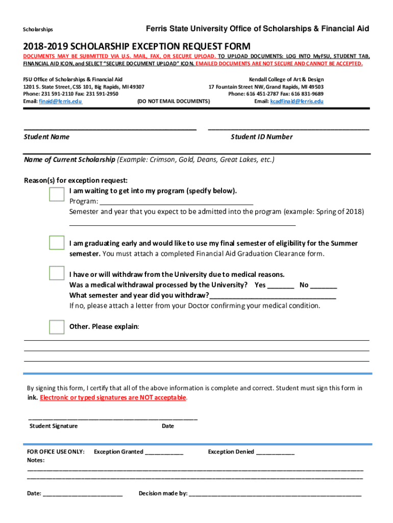 Fillable Online 2018-2019 SCHOLARSHIP EXCEPTION REQUEST FORM Fax Email Print - pdfFiller