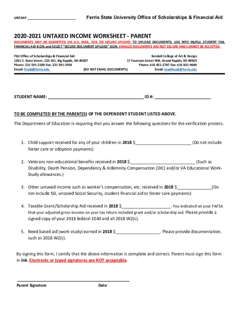 Fillable Online 2022-2023 UNTAXED INCOME WORKSHEET - PARENT - Ferris ...