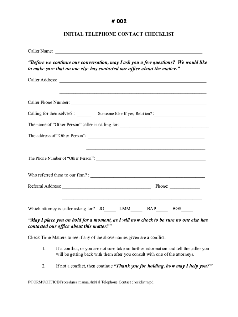 Fillable Online 002 initial telephone contact checklist - Elder Law ...