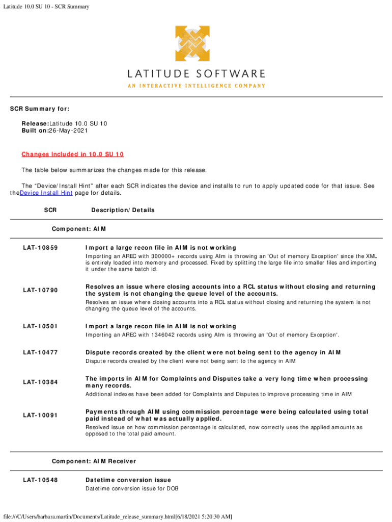 Fillable Online Latitude 10.0 SU 10 - SCR Summary - Genesys Fax Email Print - pdfFiller