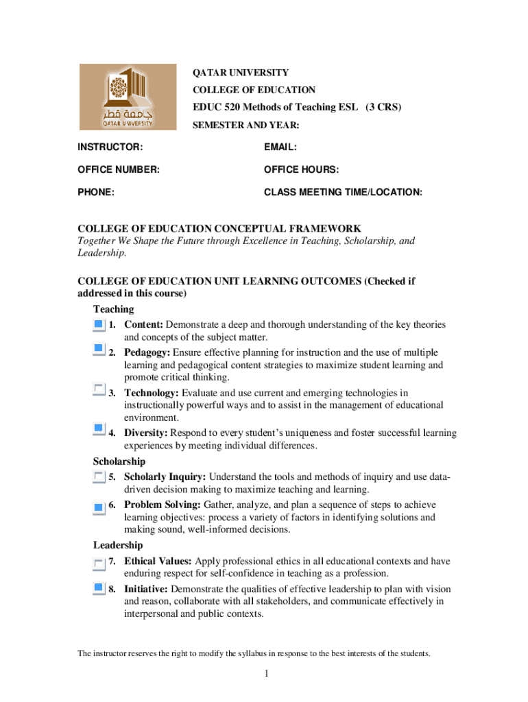 Fillable Online EDUC 520 Methods of Teaching ESL (3 CRS) - Qatar ...