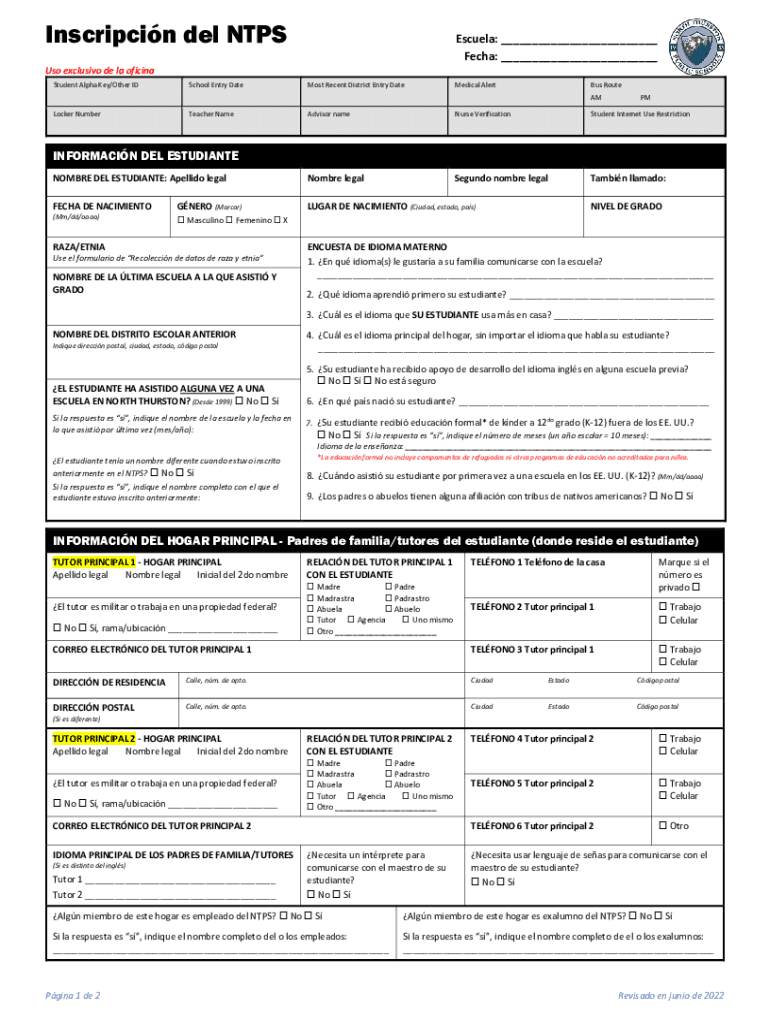 Fillable Online Inscripcin del NTPS - North Thurston Public Schools Fax ...