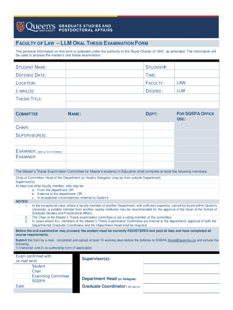 Fillable Online faculty of law llm oral thesis examination form Fax Email Print - pdfFiller