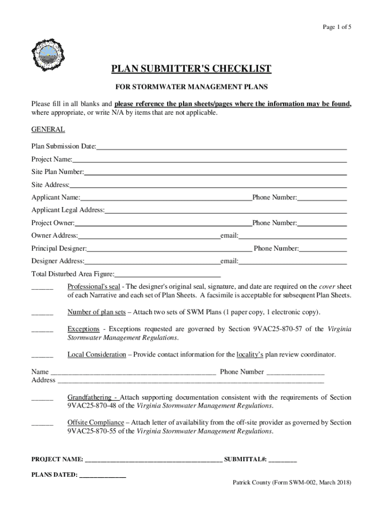 Fillable Online PLAN SUBMITTER'S CHECKLIST - Patrick County, Virginia ...