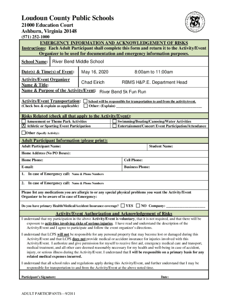 Fillable Online Adult Emergency & Acknowledgment of Risk Form.pdf Fax ...