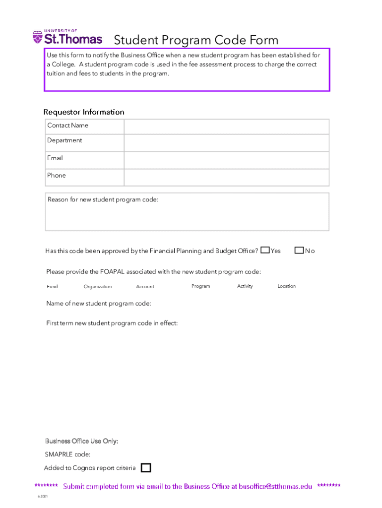Fillable Online www.stthomas.eduStudent-Program-Code-8Student Program Code Form - University of ...