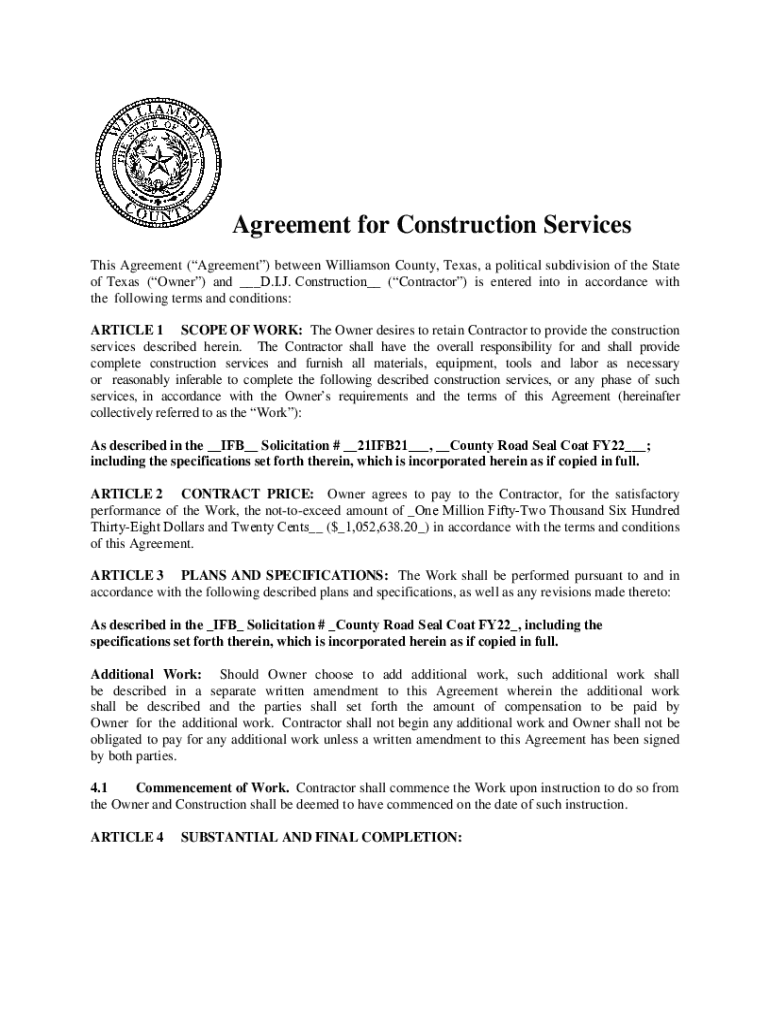 Fillable Online Agreement for Construction Services This Agreement ...