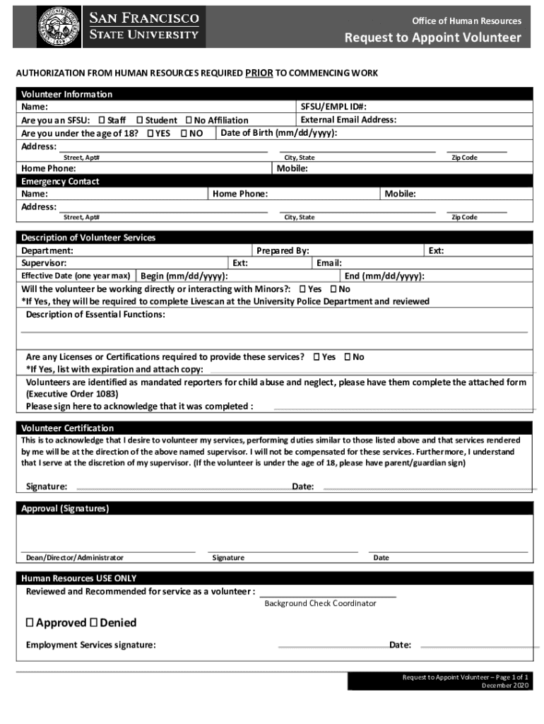 Fillable Online Office of Human Resources Request to Appoint Volunteer ...