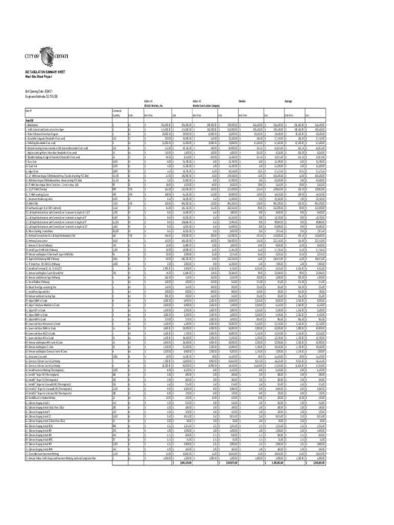 Fillable Online Bid Tabulation Form (West Side Streets).xlsx Fax Email ...
