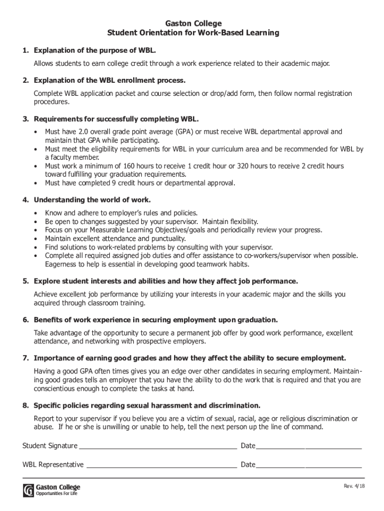 Fillable Online Gaston College Student Orientation for Work-Based ...