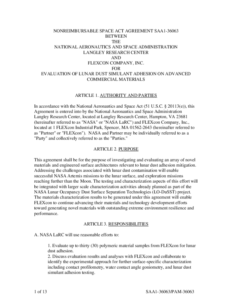 Fillable Online nonreimbursable space act agreement saa1-36063 - NASA Fax Email Print - pdfFiller