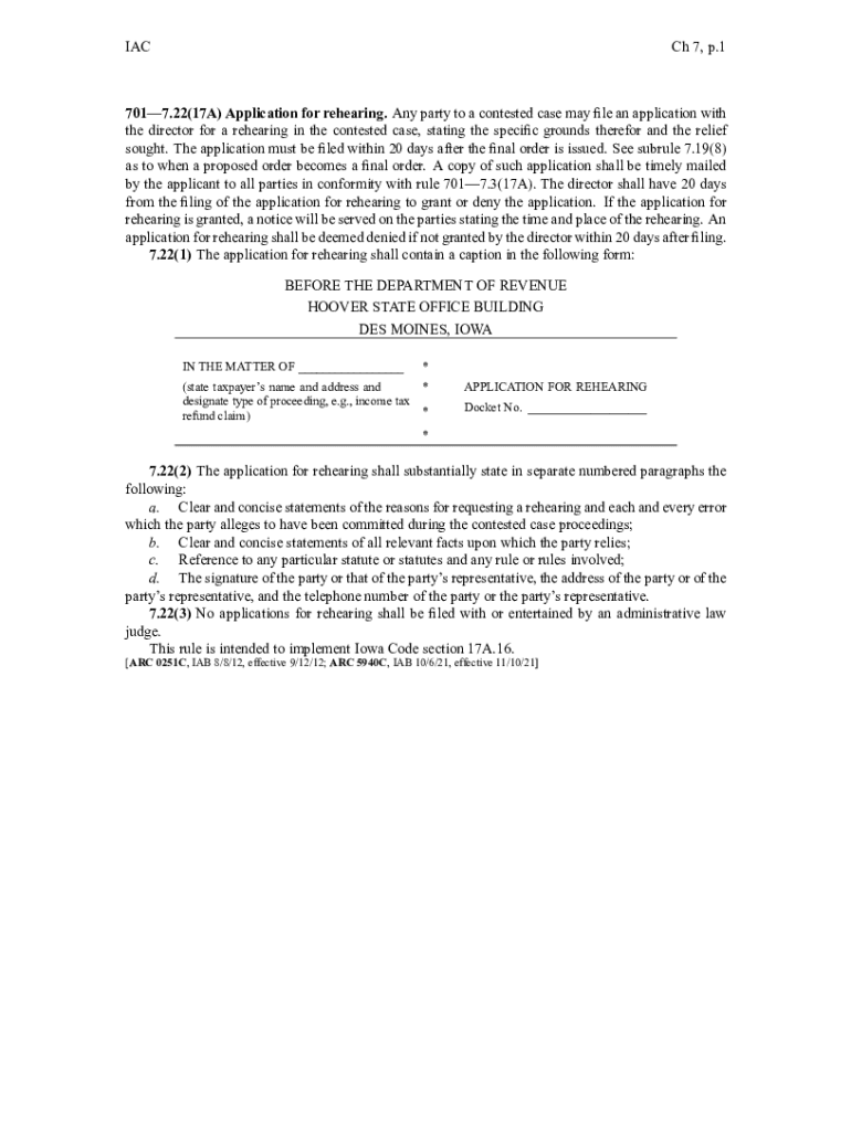 Fillable Online IAC Ch 7, p.1 7017.22(17A) Application for rehearing ...