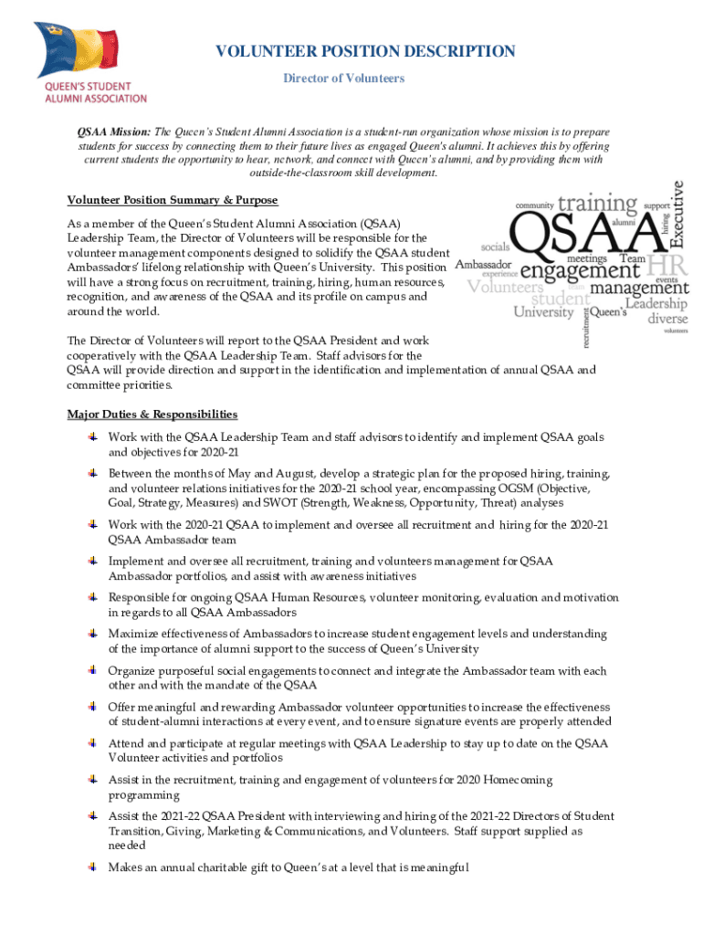 Fillable Online VOLUNTEER POSITION DESCRIPTION. Director of Volunteers ...