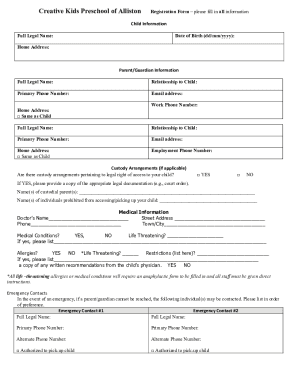 Fillable Online Creative Kids Preschool of Alliston Registration Form ...
