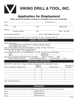 Fillable Online Application for Employment - Viking Drill and Tool. Application for Employment ...