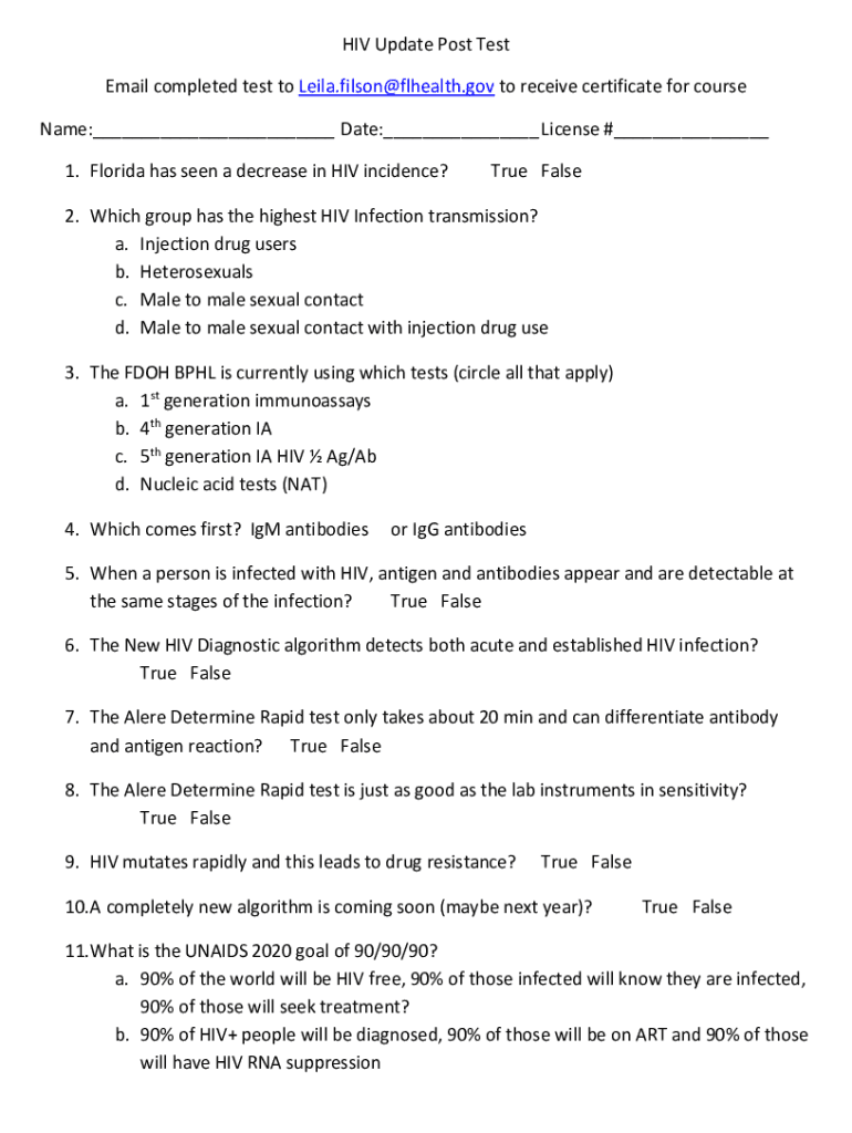 Fillable Online HIV Update Post Test - Florida Department of Health Fax ...