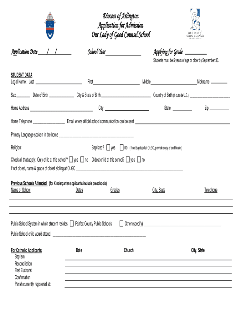 Fillable Online Diocese of Arlington Application for Admission Our Lady ...