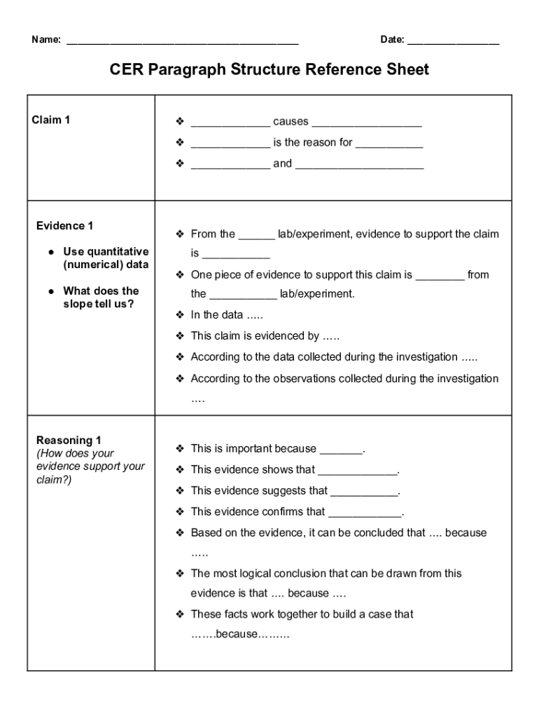 Fillable Online Claim + Evidence + ReasoningExplanation (CER ...