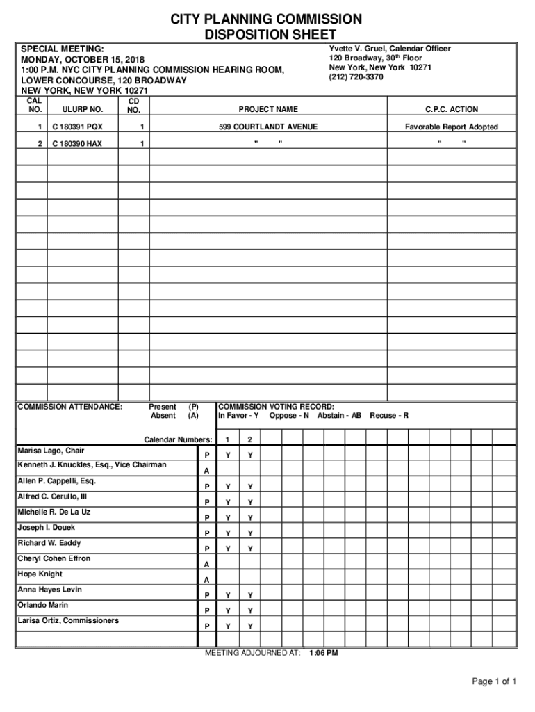 Fillable Online Disposition Sheet City Planning Commission - Special ...