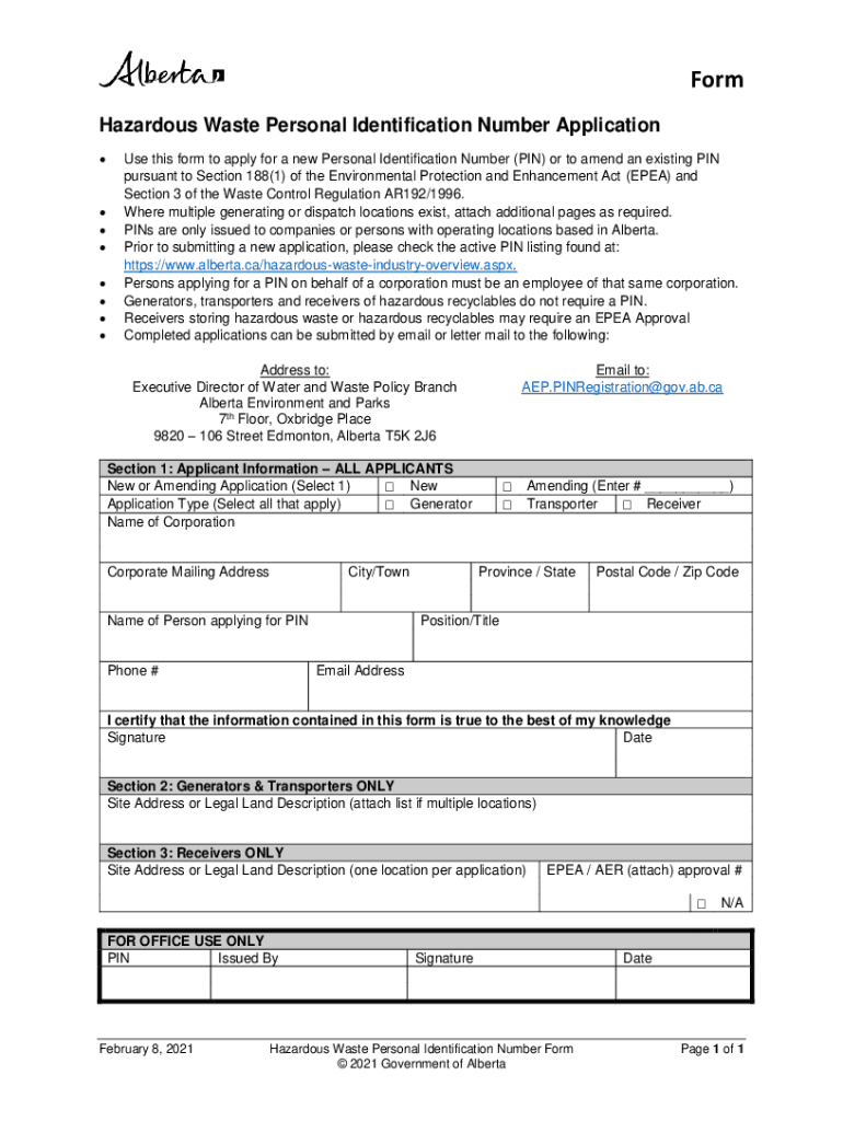 Fillable Online Alberta Hazardous Waste PIN Application Form. Hazardous ...