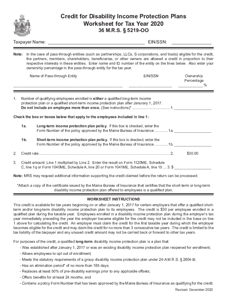 Fillable Online www1.maine.govrevenuesitesCredit for Disability Income ...